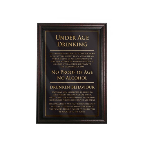 Under Age Drinking Licensing Act Sign Mahogany Frame - Braccio.co.uk