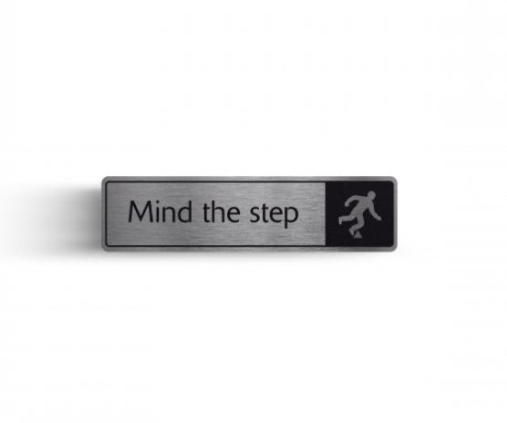 Brushed Silver Mind the Step Signs - Braccio.co.uk